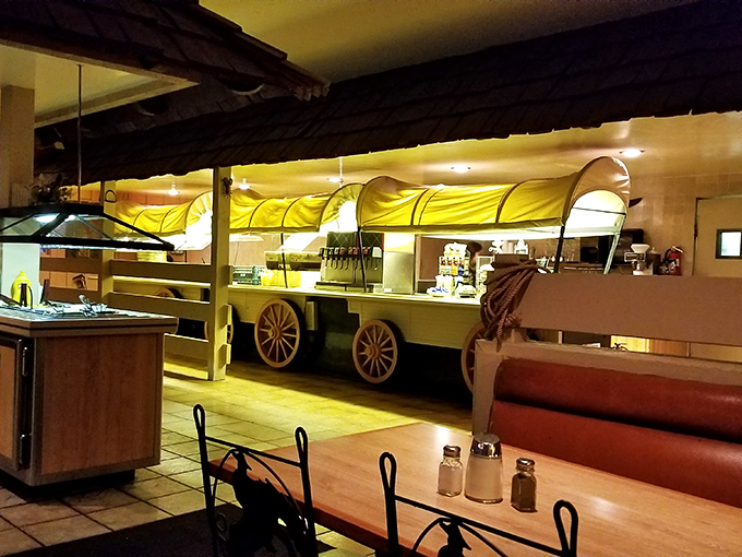 The covered wagon salad bar is peak Americana steakhouse design&mdash;where form follows function and nostalgia comes standard with every meal.