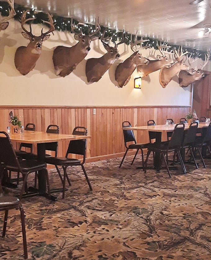 The taxidermy hall of fame watches over diners like distinguished ancestors, a reminder that in Wisconsin, hunting and eating are sacred traditions.