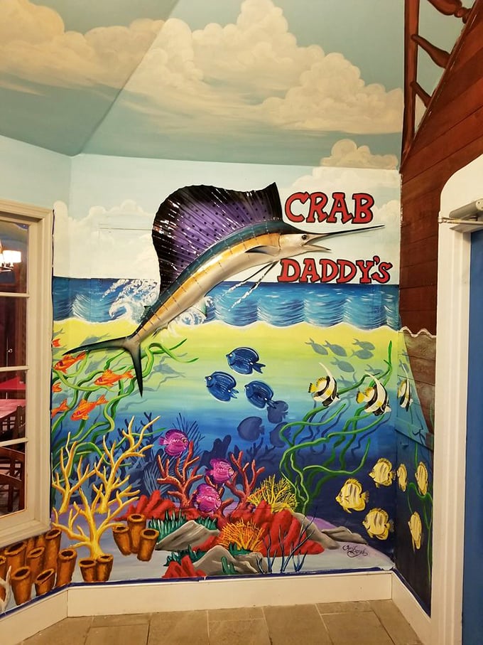Vibrant underwater murals transport you to the ocean depths. The sailfish seems to say, "Yes, you absolutely should get seconds."