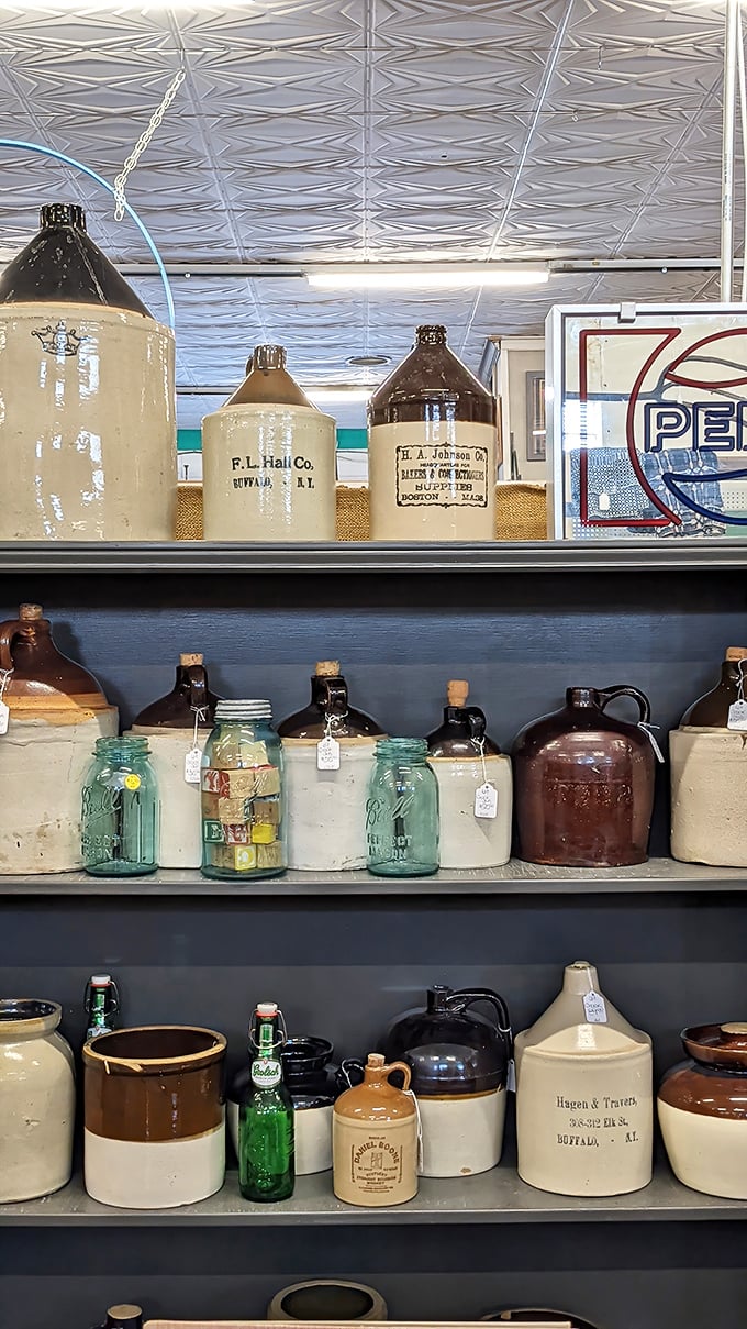 These stoneware jugs and vintage Mason jars have stories to tell. If walls could talk, these vessels could write historical novels.