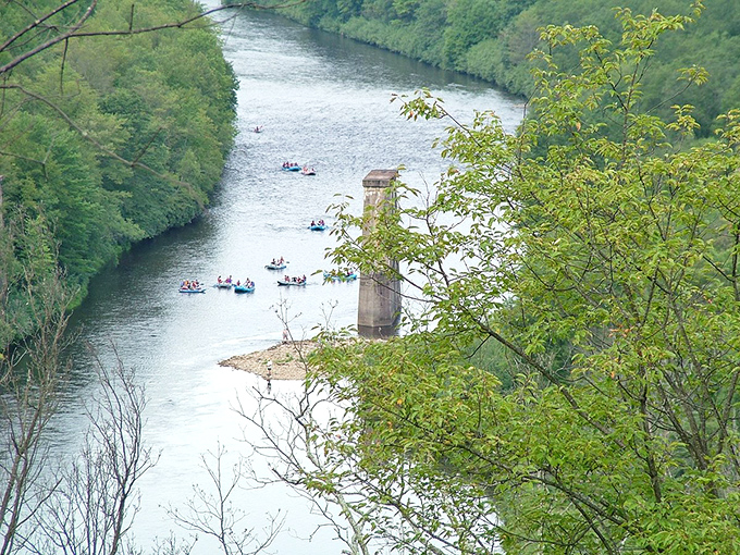 Kayakers navigate the Lehigh River like colorful confetti scattered across nature's own highway of adventure.