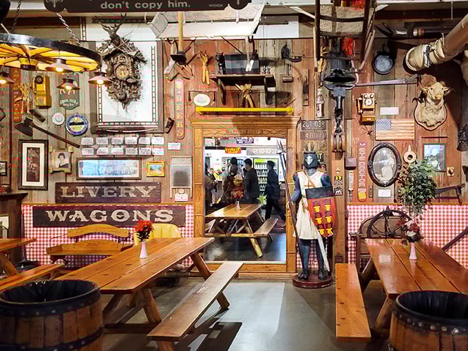 Rustic charm overflows in this dining area where every wall decoration tells a story. The checkered tablecloths practically demand you order comfort food.
