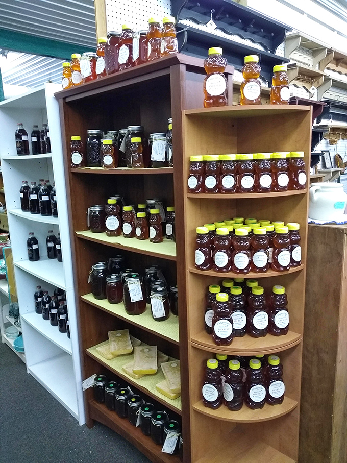 Liquid gold in glass jars! This local honey display is sweeter than finding the last parking spot at a Costco on a Saturday afternoon.