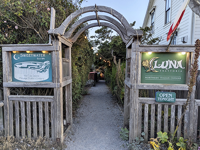 Luna Trattoria's rustic entrance beckons pasta lovers through a magical archway where Northern Italian cuisine meets California's bounty in delicious harmony.