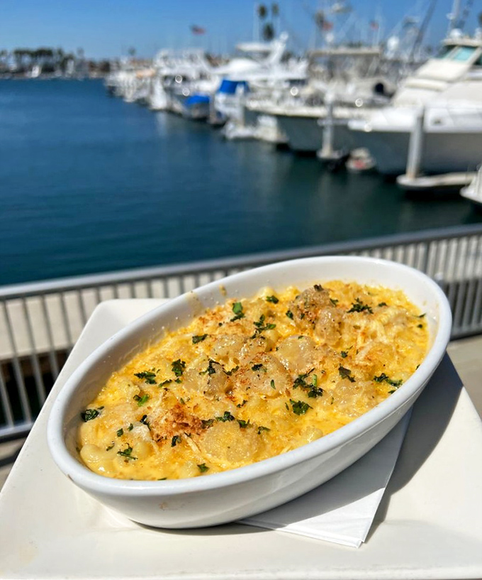 Mac and cheese with a million-dollar view &ndash; comfort food elevated to destination dining with boats bobbing in the background.