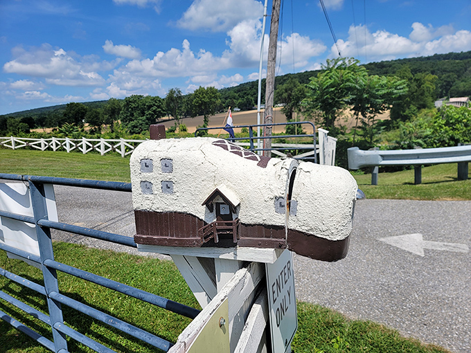 Even the mailbox is on theme! This miniature replica proves that attention to detail is the sole of good design.