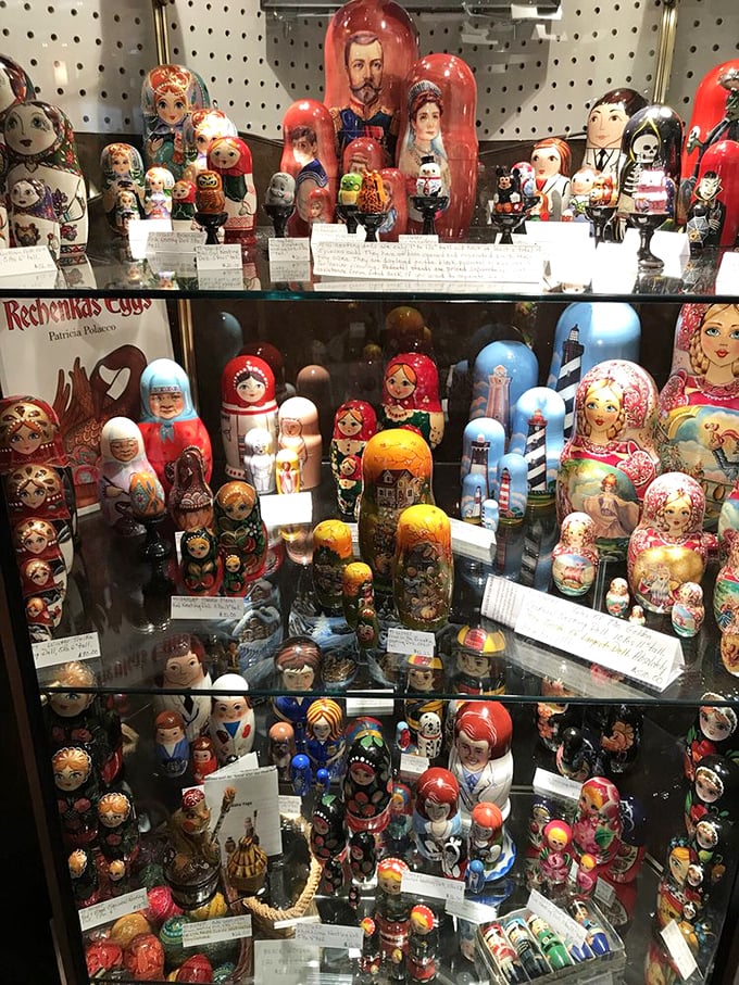 Russian nesting dolls in every imaginable design fill this display case &ndash; from traditional babushkas to surprising pop culture interpretations.