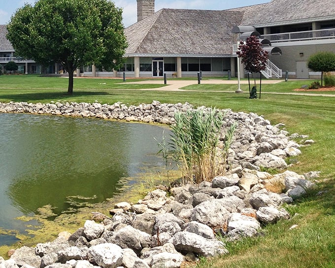 The lodge peeks through the landscape, promising hot showers and real beds after a day of pretending you're rugged outdoorsy types.