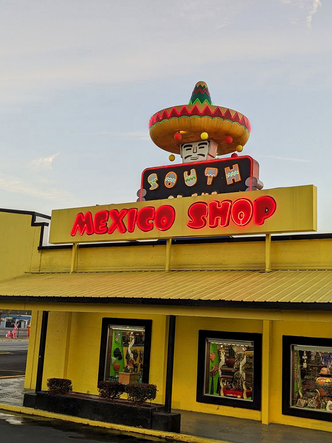 The Mexico Shop's fa&ccedil;ade screams "authentic souvenirs inside!" with all the subtle charm of a mariachi band in a library.
