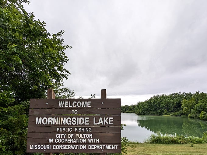 Morningside Lake reflects Missouri skies like nature's own mirror, perfect for contemplating life's bigger questions peacefully.