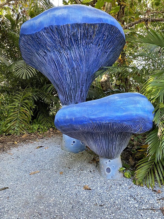 These blue mushroom sculptures look like they sprouted from a fairy tale, adding whimsy to an already magical landscape.