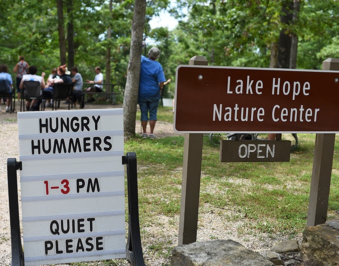 "Hungry Hummers" event sign at Lake Hope Nature Center&mdash;where even the tiniest visitors receive five-star treatment and humans learn to keep it down.