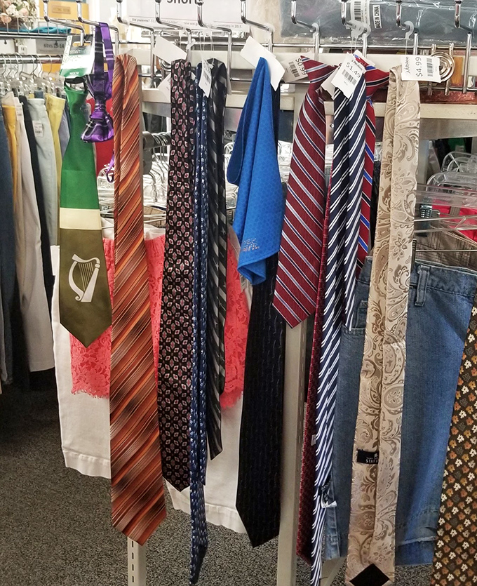The tie rack: where neckwear gets its second chance. These silk strips have attended weddings, job interviews, and probably a few regrettable proms.