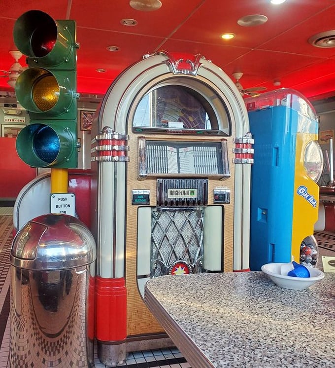The jukebox stands sentinel by the counter, ready to provide the soundtrack to your meal with hits from when music made sense.