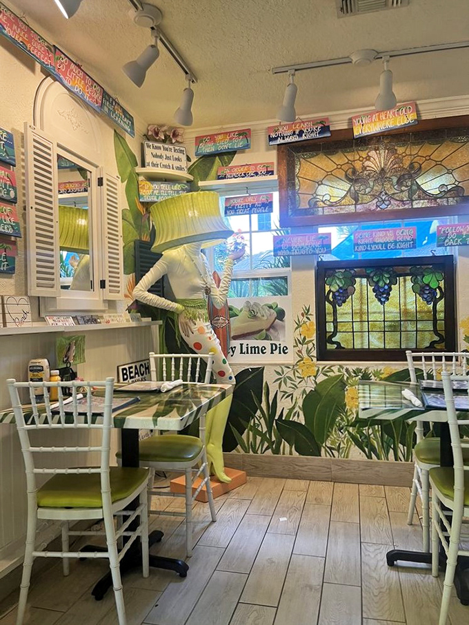 Tropical murals, stained glass, and whimsical decor&mdash;dining here is like eating inside a Jimmy Buffett song come to life.