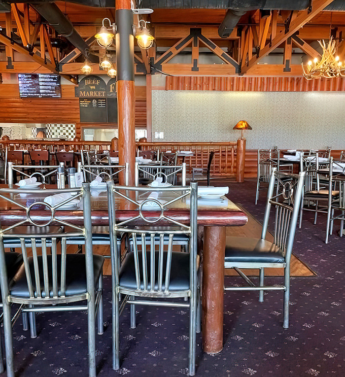 Wood, metal, and comfortable seating create a space where you'll want to linger long after your plate is clean.