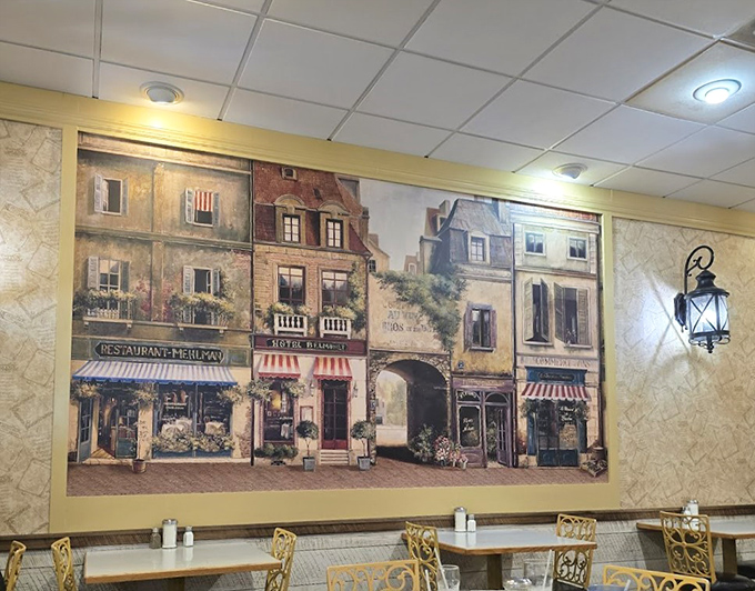 Another angle of dining room charm, complete with a European street scene that adds unexpected whimsy.