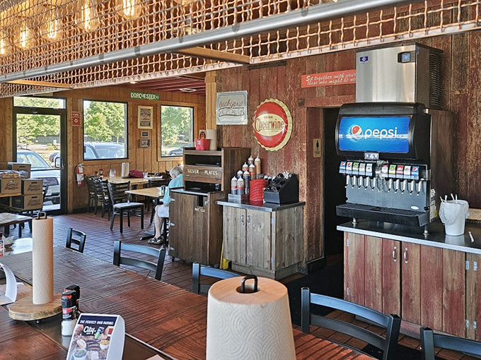 Rustic charm meets practical comfort. The kind of place where sauce on your shirt is a badge of honor.