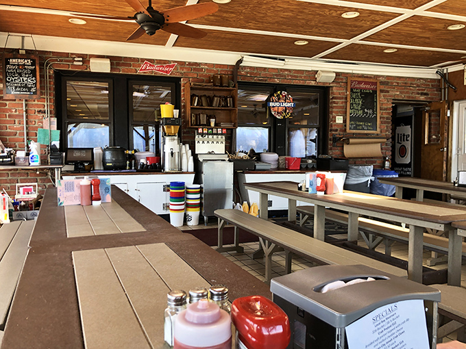 The casual interior lets the food be the star, with windows offering glimpses of waterfront magic.