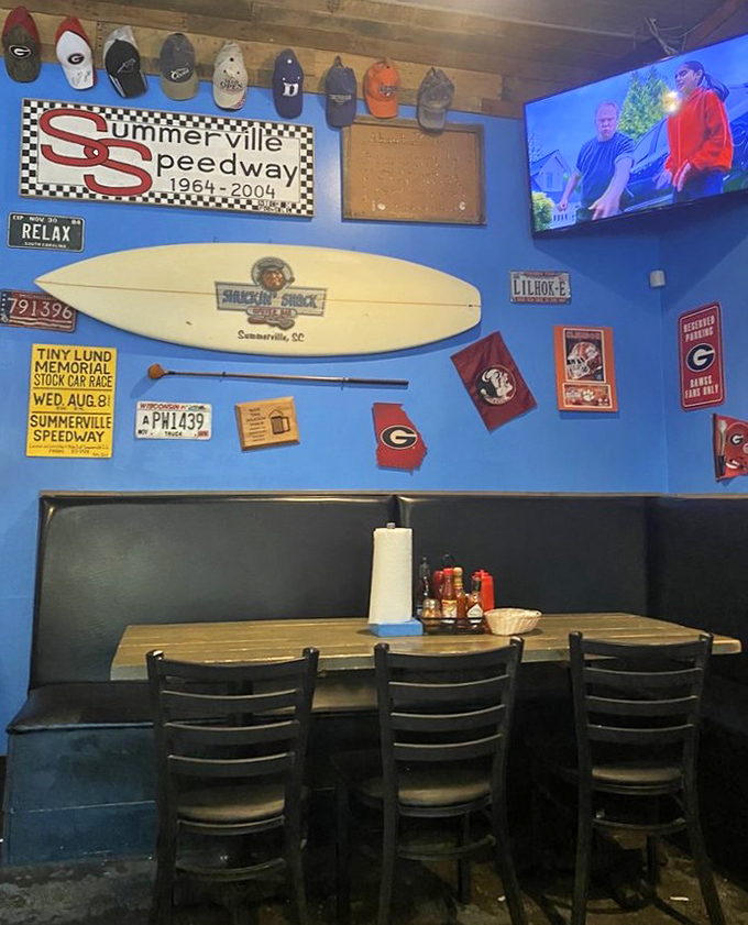Sports memorabilia, college pennants, and a surfboard &ndash; the decor screams "local joint where memories are made" between bites of seafood.