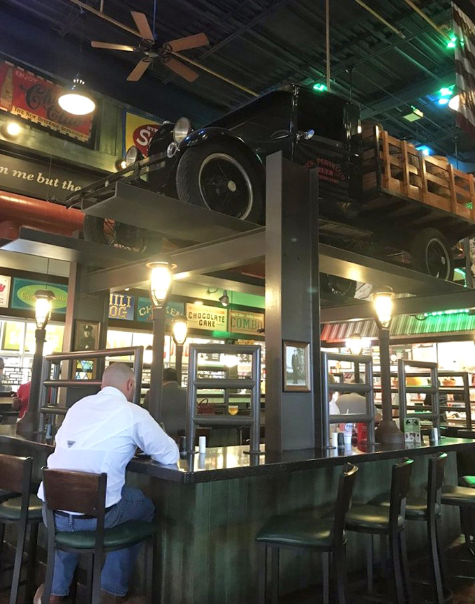 The vintage truck overhead reminds you that authentic flavors have been traveling these roads forever.