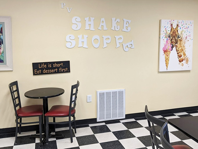 "Life is short. Eat dessert first." Words to live by displayed on walls that have witnessed countless sugar-fueled smiles.