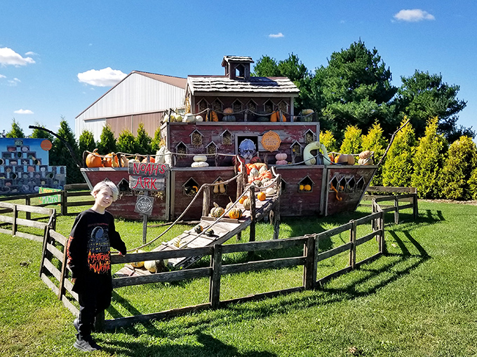 Noah's Ark, Amish-style: a whimsical pumpkin-laden vessel that delights visitors of all ages. Childhood wonder comes standard with admission.