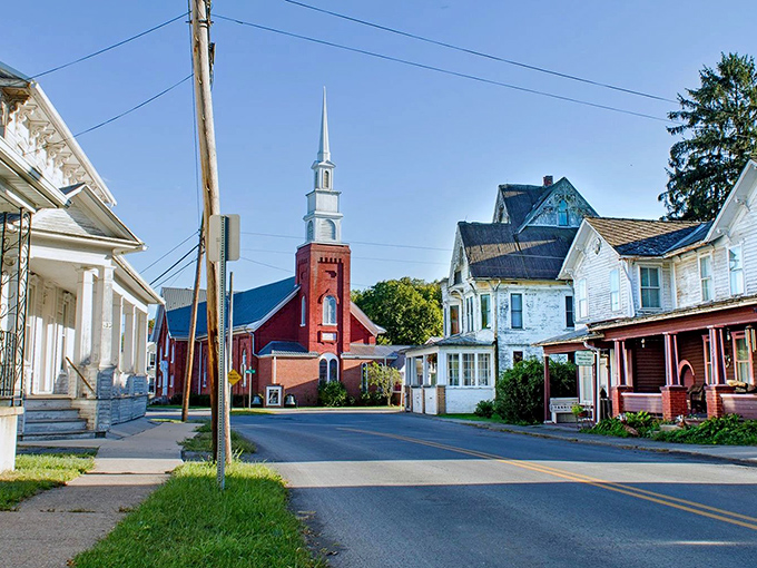 Colorful storefronts line the street like a box of crayons, each building adding character to downtown.