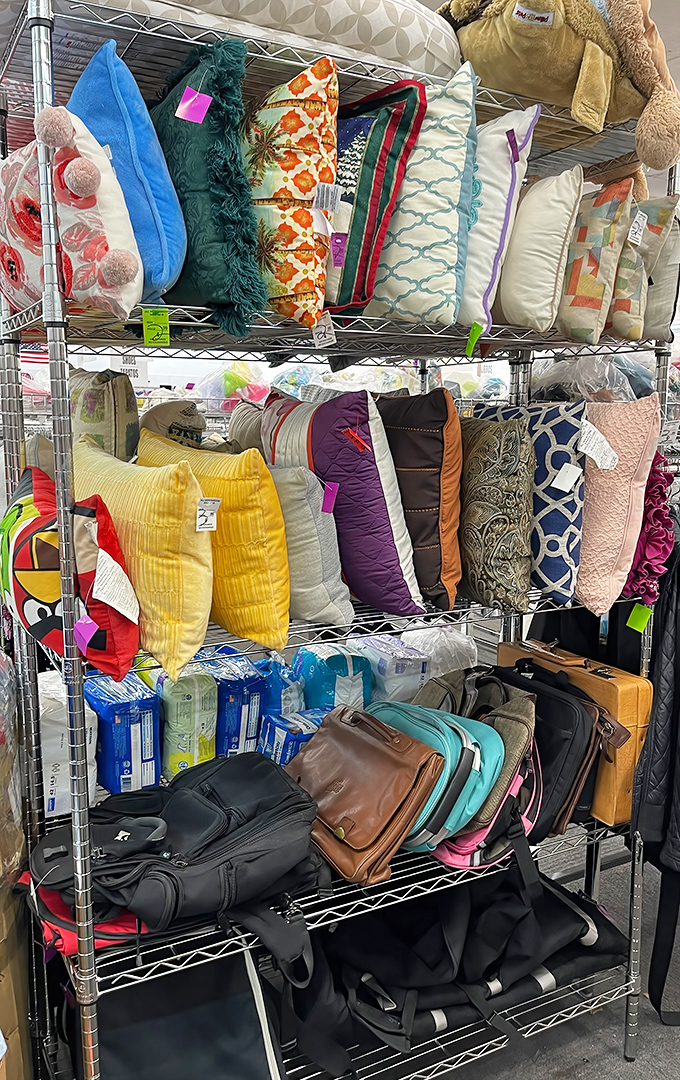 The pillow section&mdash;a textile rainbow where your couch's perfect accent piece hides between someone else's former decorating decisions.