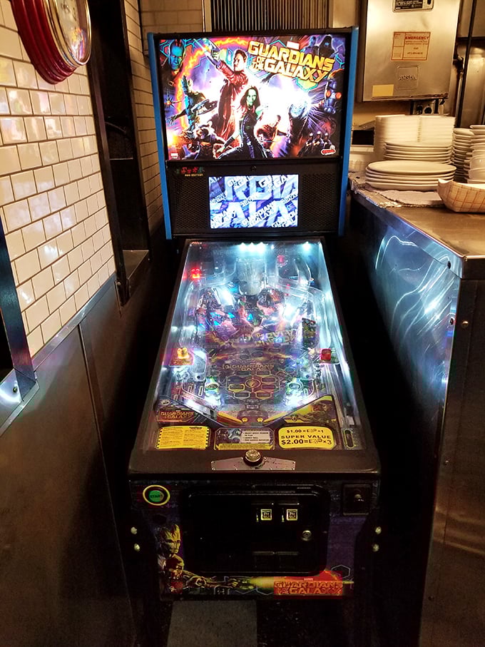 Even the entertainment is delightfully retro. This pinball machine offers the perfect distraction while waiting for your order&mdash;or avoiding conversation.