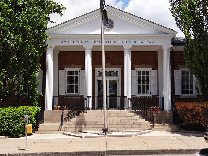 Even Ligonier's Post Office embraces colonial architecture, making the mundane task of mailing packages feel like participating in a slice of American history.