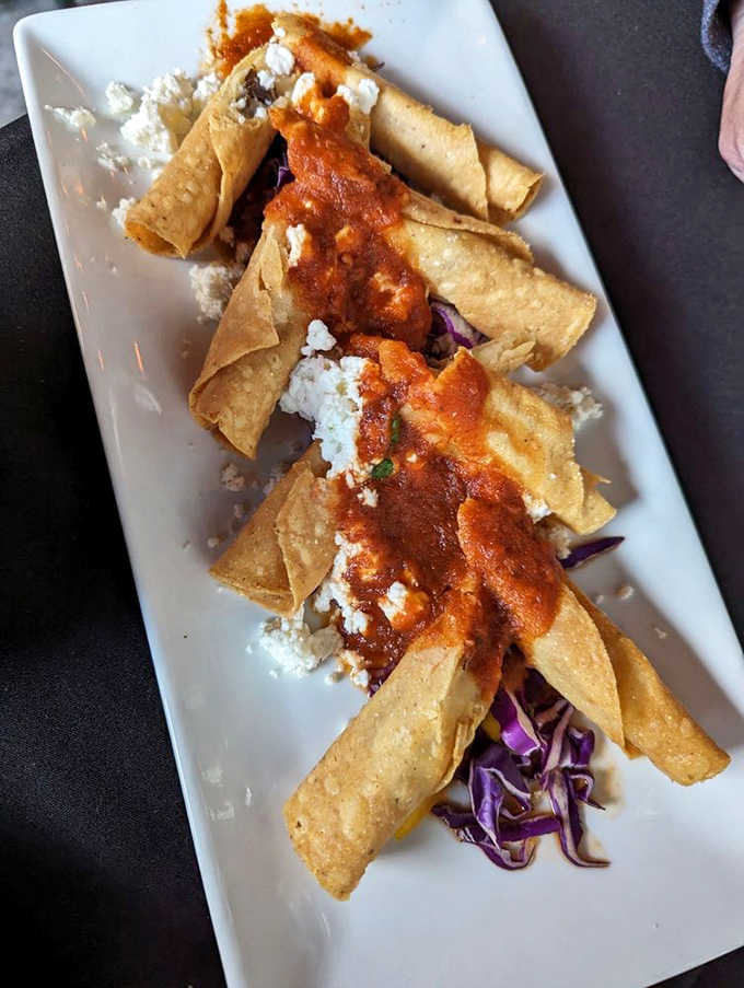 Crispy taquitos lined up like delicious sentinels, guarding their flavorful fillings beneath a blanket of sauce and cheese.
