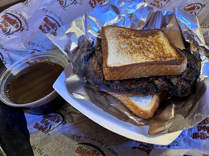 A sandwich that demands respect and provides therapy. The side of Brunswick stew is the counselor you didn't know you needed.