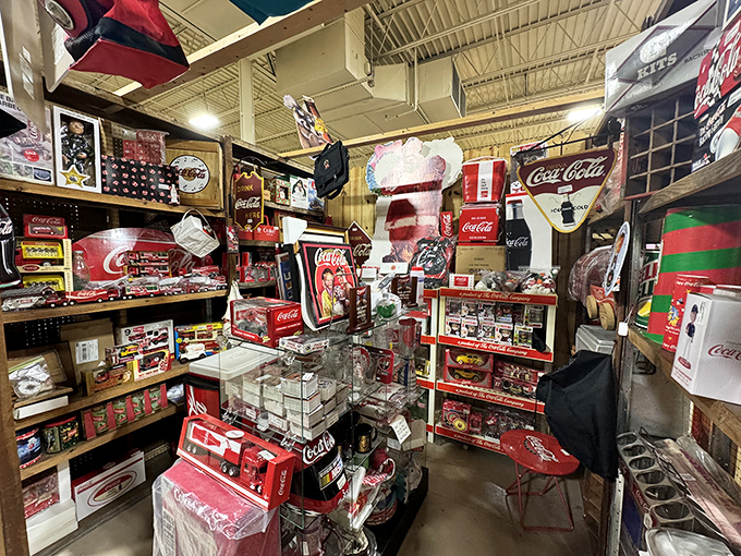 Coca-Cola memorabilia creates a fizzy red shrine to American advertising genius. One booth that perfectly captures our century-long love affair with soda pop.