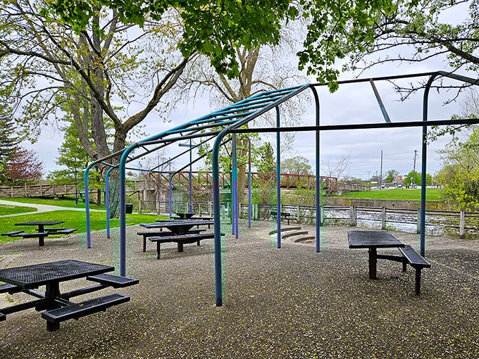 Picnic tables under metal shelters—where countless family reunions have weathered sudden downpours while Uncle Bob finished grilling those famous burgers.