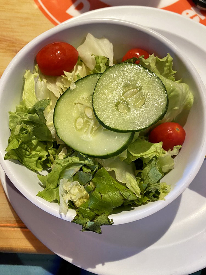 Even the side salad gets respect here&mdash;fresh, crisp, and colorful. The cucumber slices look like they were picked this morning from someone's backyard.