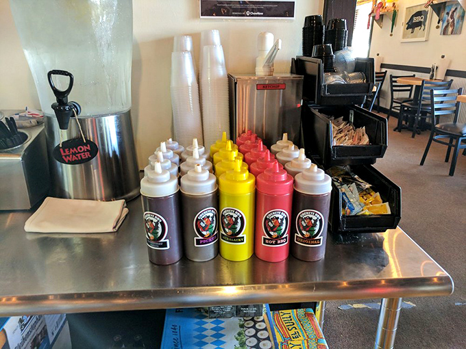 The sauce lineup&mdash;like selecting the right tool for an important job. Each bottle promises a different path to flavor enlightenment.