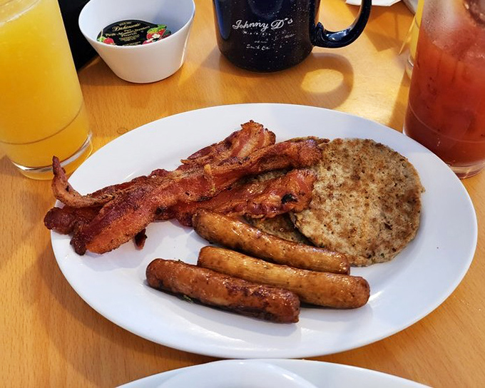 Bacon that's achieved that perfect crisp-yet-chewy texture alongside sausage links that have been introduced to just the right amount of heat.