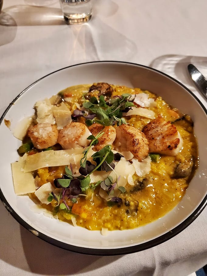 Scallops perched atop golden risotto like perfectly seared sentinels guarding a treasure of corn and microgreens.