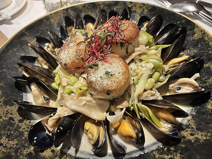 Ocean meets artistry &ndash; plump scallops and mussels arranged like a maritime sunburst, proving seafood in Pennsylvania can rival any coastal town.