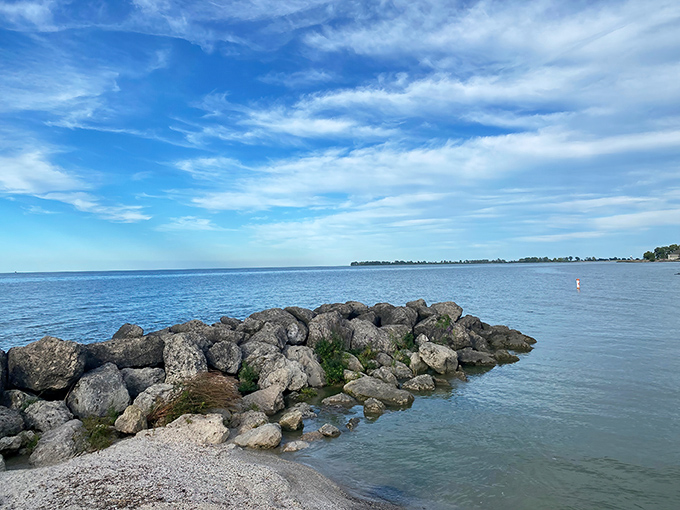 Nature's breakwater creates a perfect cove where Lake Erie's waves are gentled from "washing machine" to "relaxing bath"&mdash;ideal for cautious swimmers and serious sandcastle architects. 