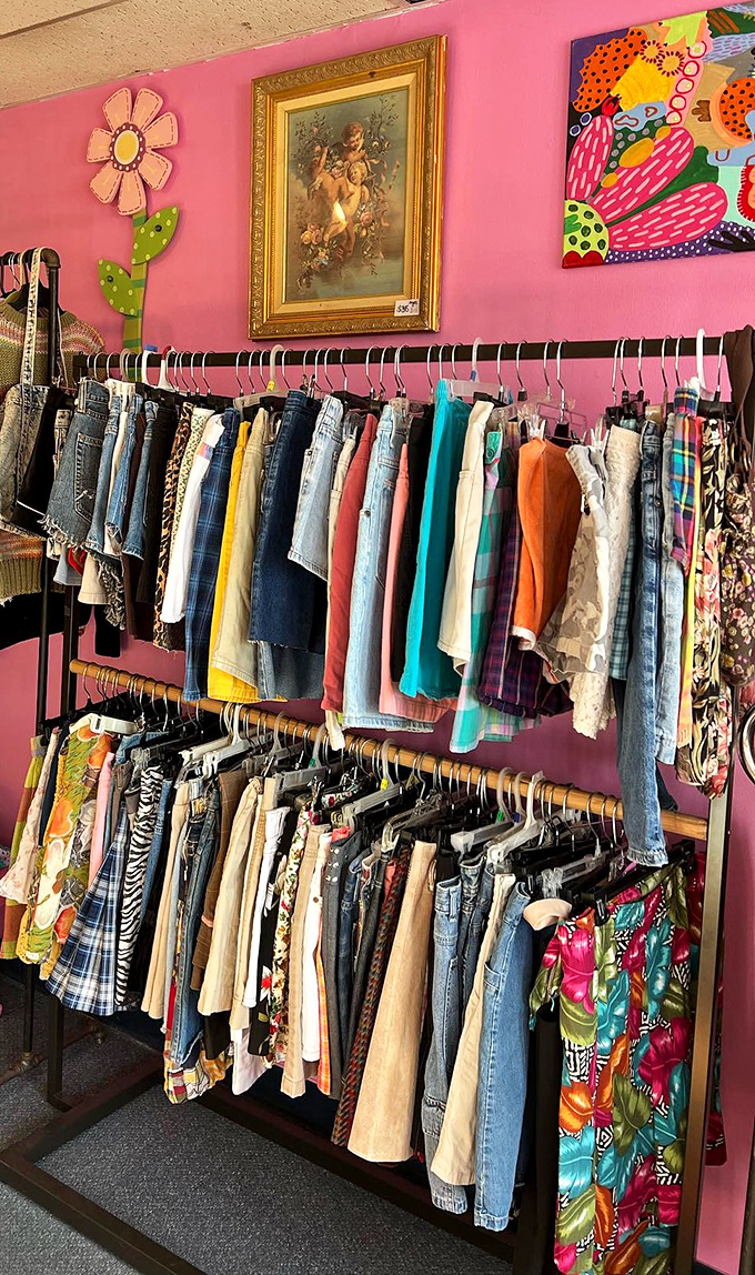 Denim dreams and colorful bottoms stacked with precision. The perfect shorts are hiding somewhere in this textile treasure trove.