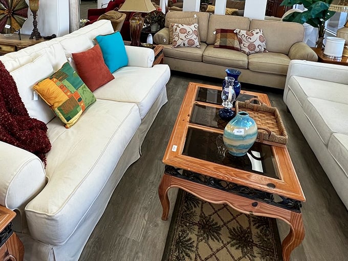 Living room vignettes staged with such care, you'll find yourself mentally measuring your space before checking the price tag.