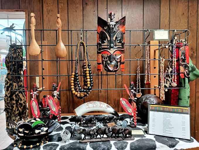 Trinkets and treasures await inside, where Florida kitsch meets genuine craftsmanship. That mask would look perfect next to your vacation snow globe collection.