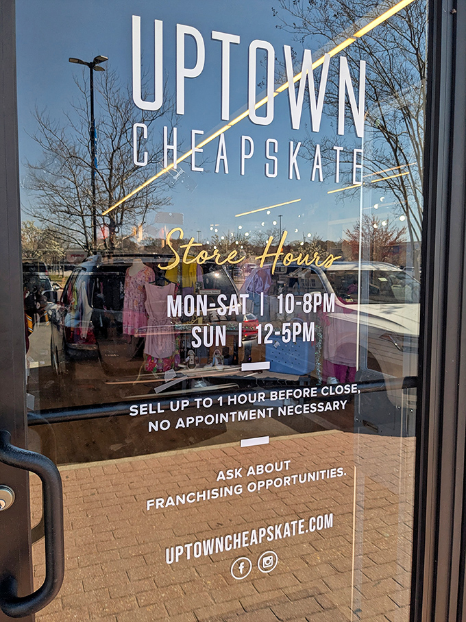 Business hours posted clearly&mdash;because treasure hunting requires proper planning. The window display offers a tantalizing preview of what awaits inside.