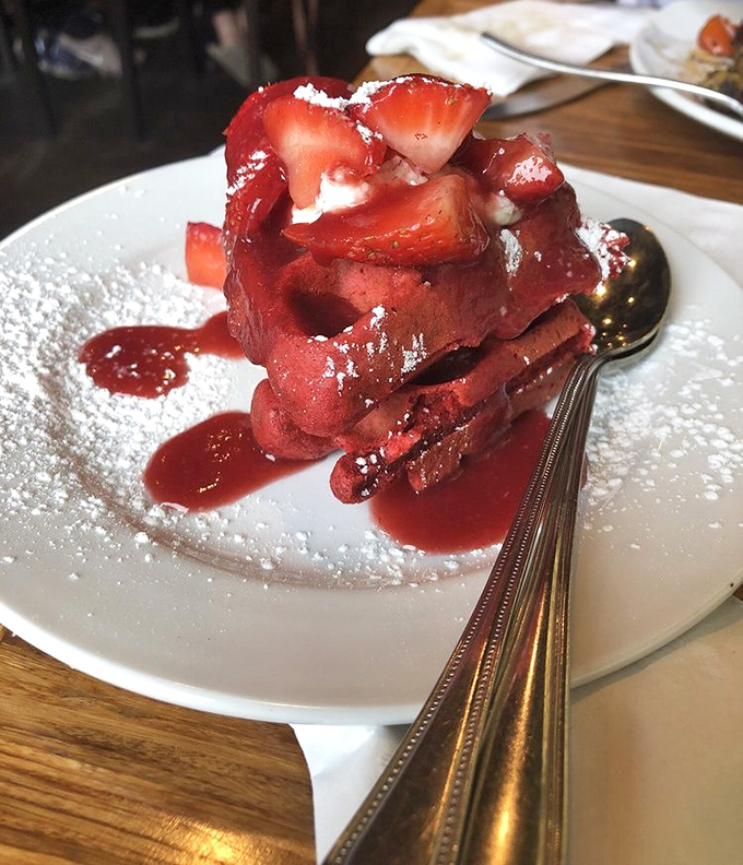 Red velvet waffle dessert that makes you question why we don't start every day with something this gloriously indulgent.