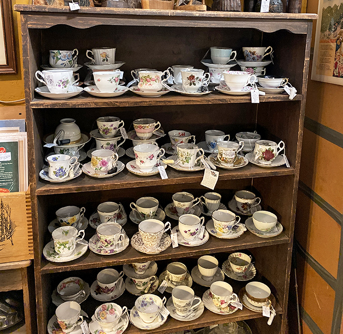 A teacup symphony arranged in perfect harmony. Each delicate piece once hosted conversations, gossip, and proper pinky-raising etiquette.