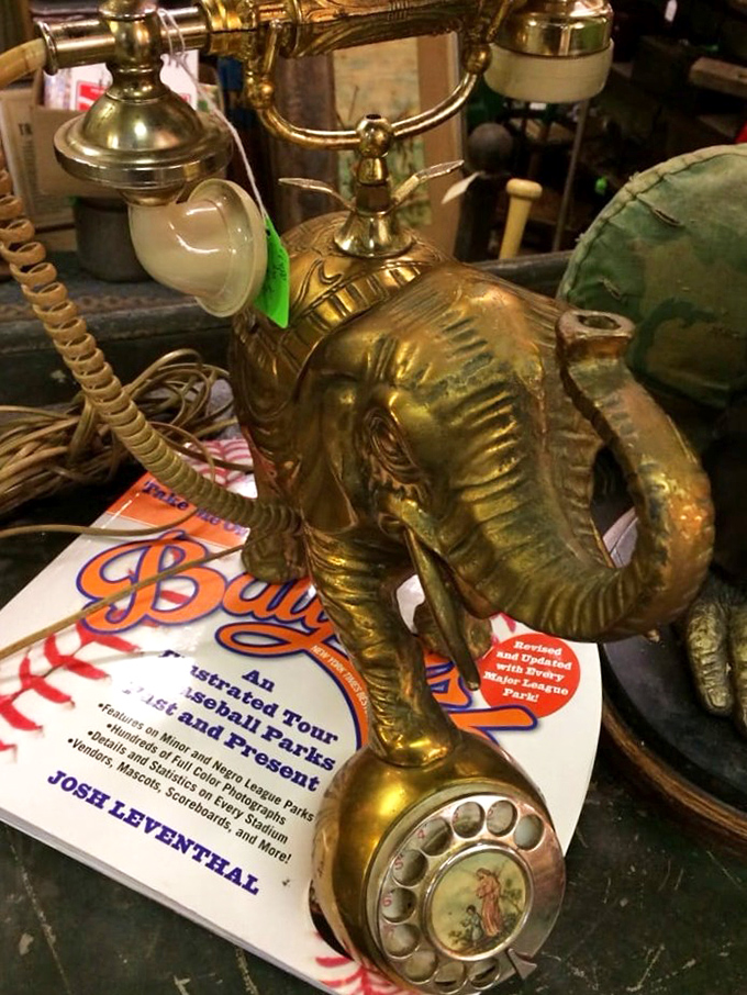 This golden elephant telephone would make any conversation more memorable. "Hold please, I need to lift the pachyderm's trunk to hear you better."