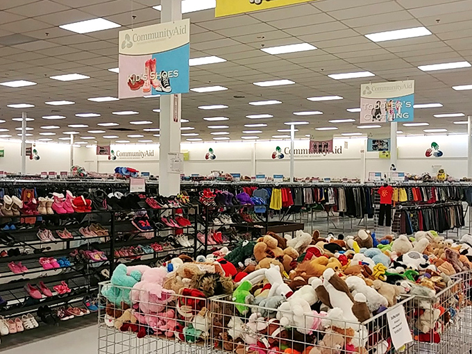 A rainbow explosion of plush toys and children's shoes creates a wonderland where young shoppers can find pre-loved treasures at parent-pleasing prices.