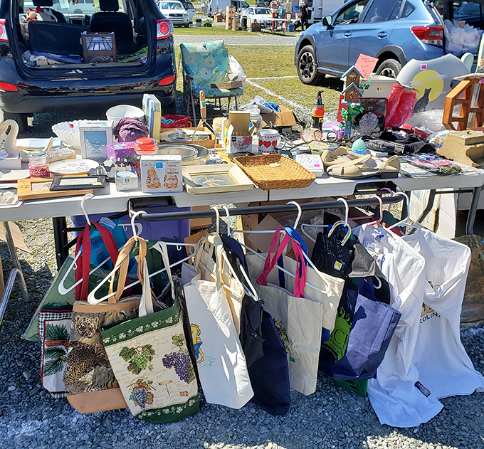 Tote bags hanging like colorful flags, ready to carry home treasures you never knew you needed until this very moment.